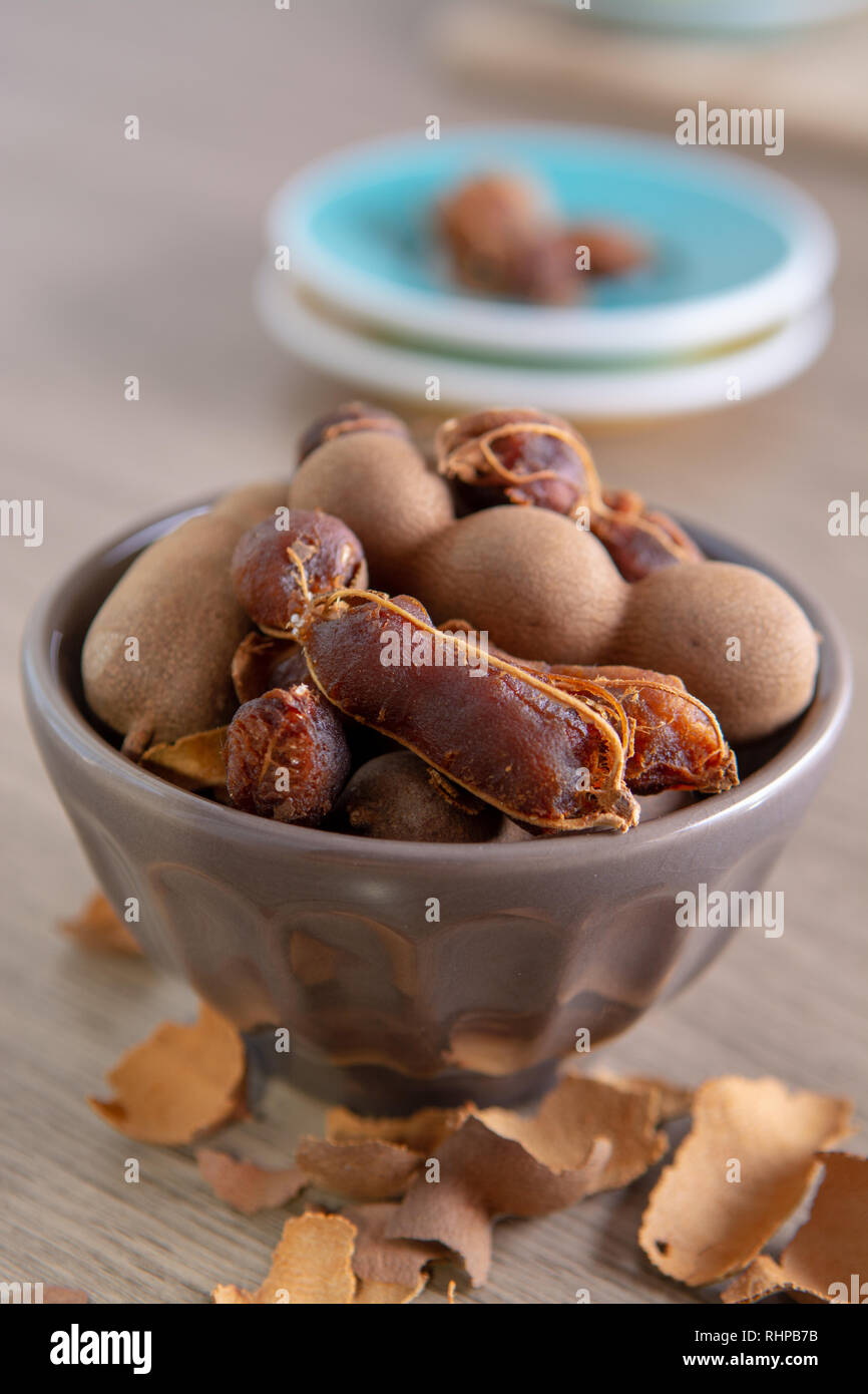 Fruits of tropcal Africal tree tamarind, used in cooking, traditional ...