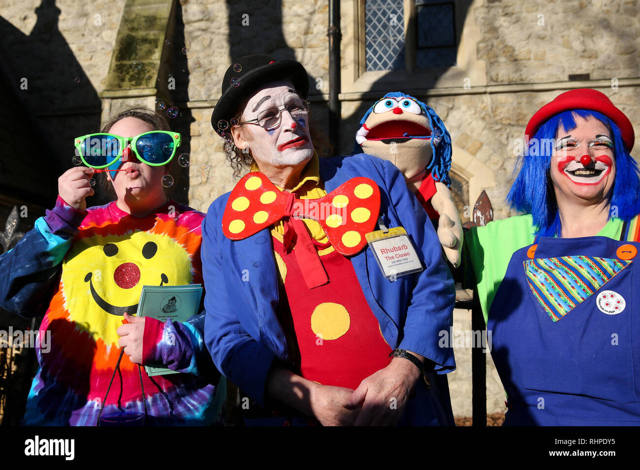 Clowns are seen during the event. Clowns are seen at Grimaldi Church ...