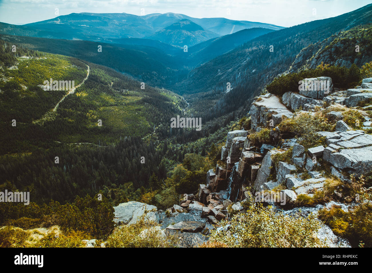 Scenic sight of czech giant mountains valley and Pancavsky waterfall at ...