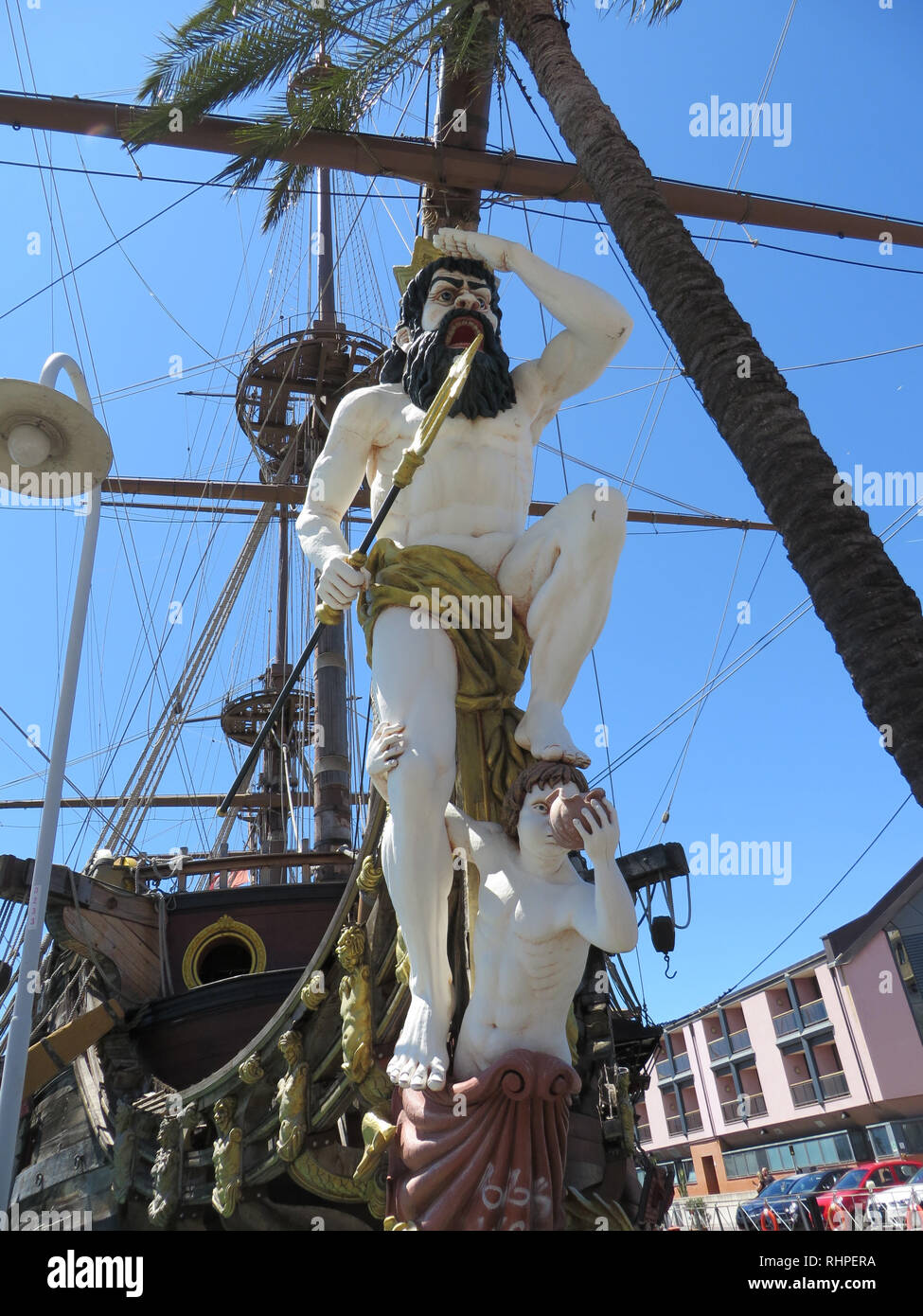 Poseidon with trident figurehead on wooden ship with sails Stock Photo ...