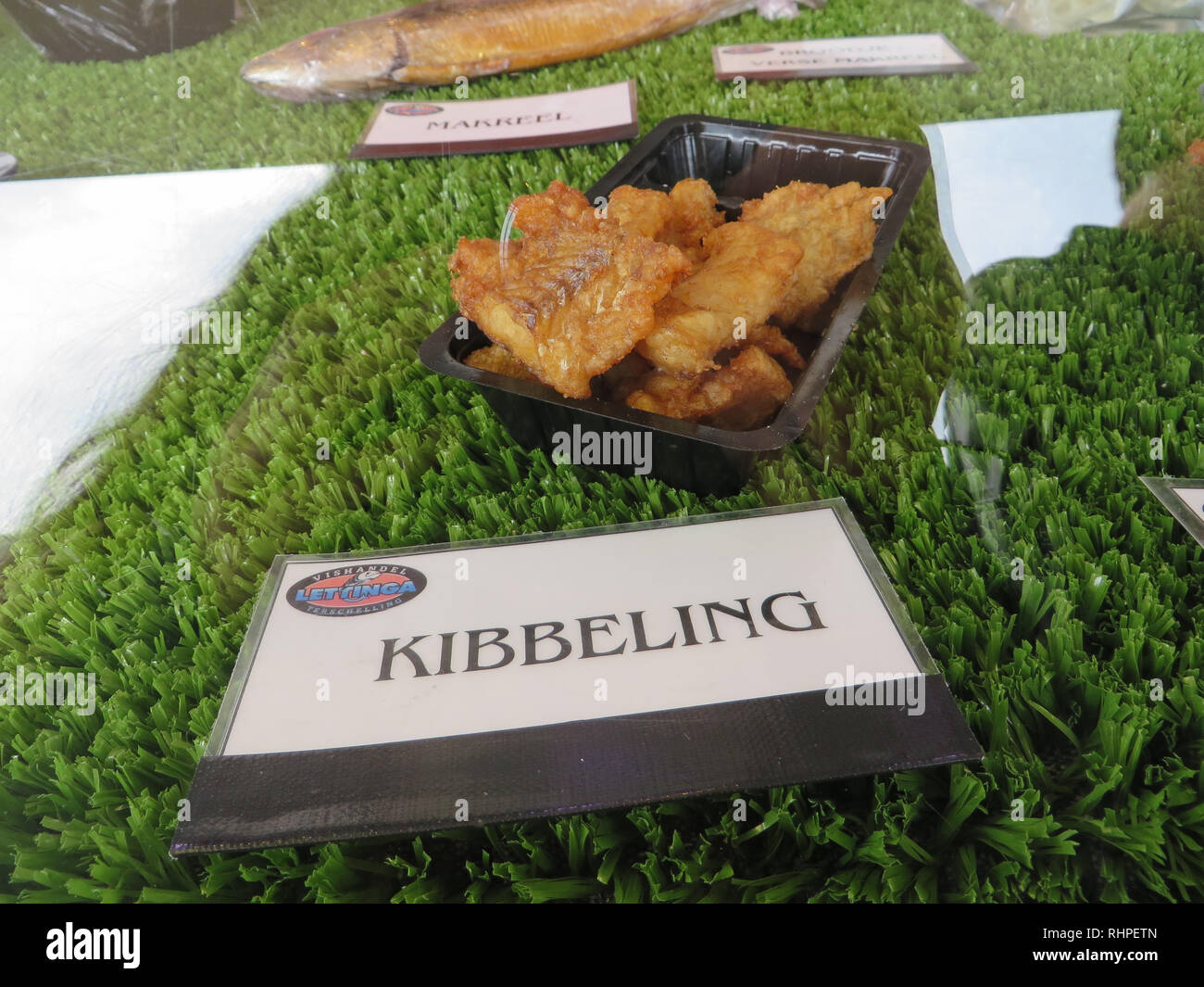 Kibbeling battered and fried fish for sale at Dutch marketplace in the ...