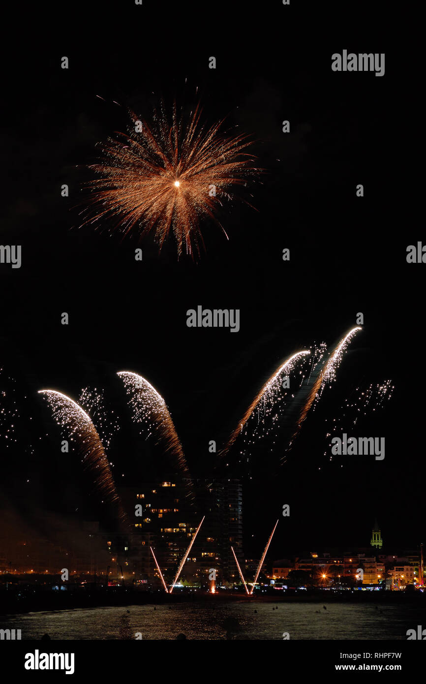 Night fireworks in a small town in Palamos in Spanish Costa Brava Stock ...