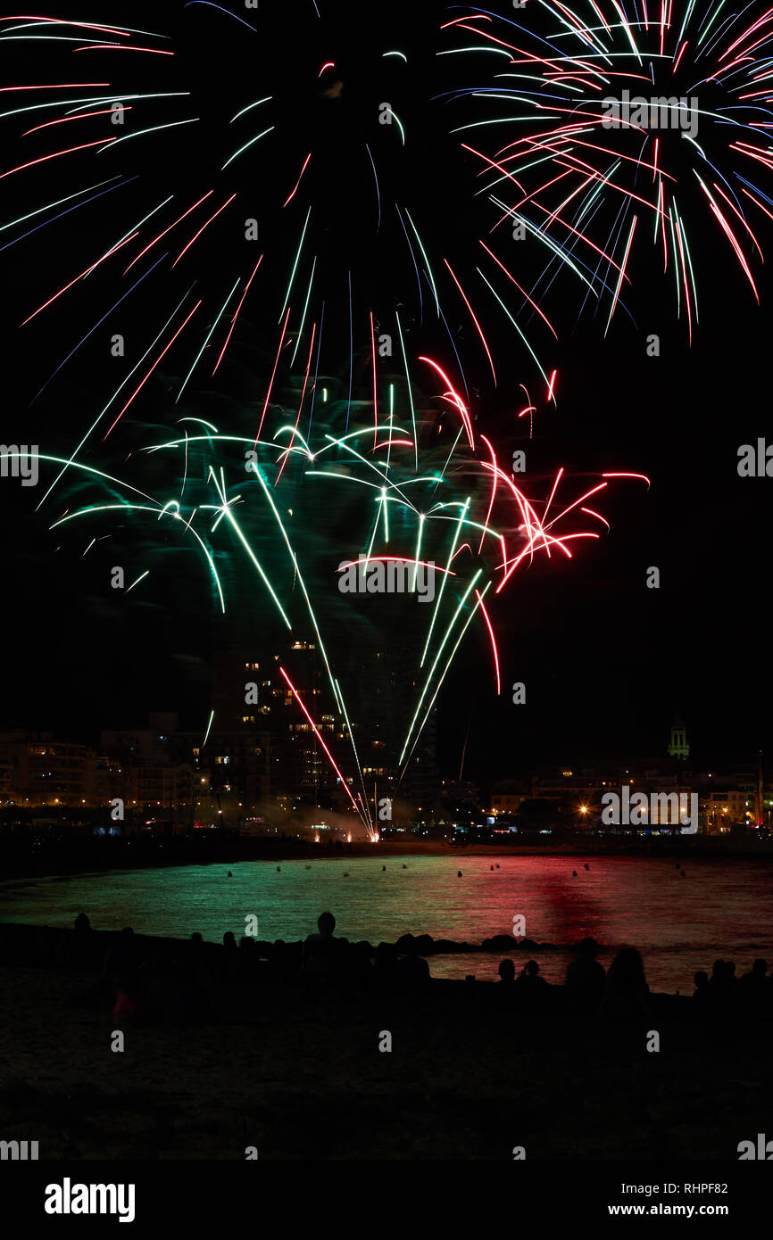 Night fireworks in a small town in Palamos in Spanish Costa Brava Stock ...