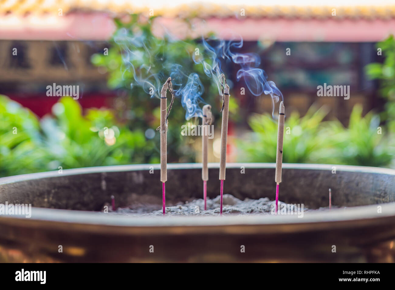 Burning aromatic incense sticks. Incense for praying Buddha or Hindu ...