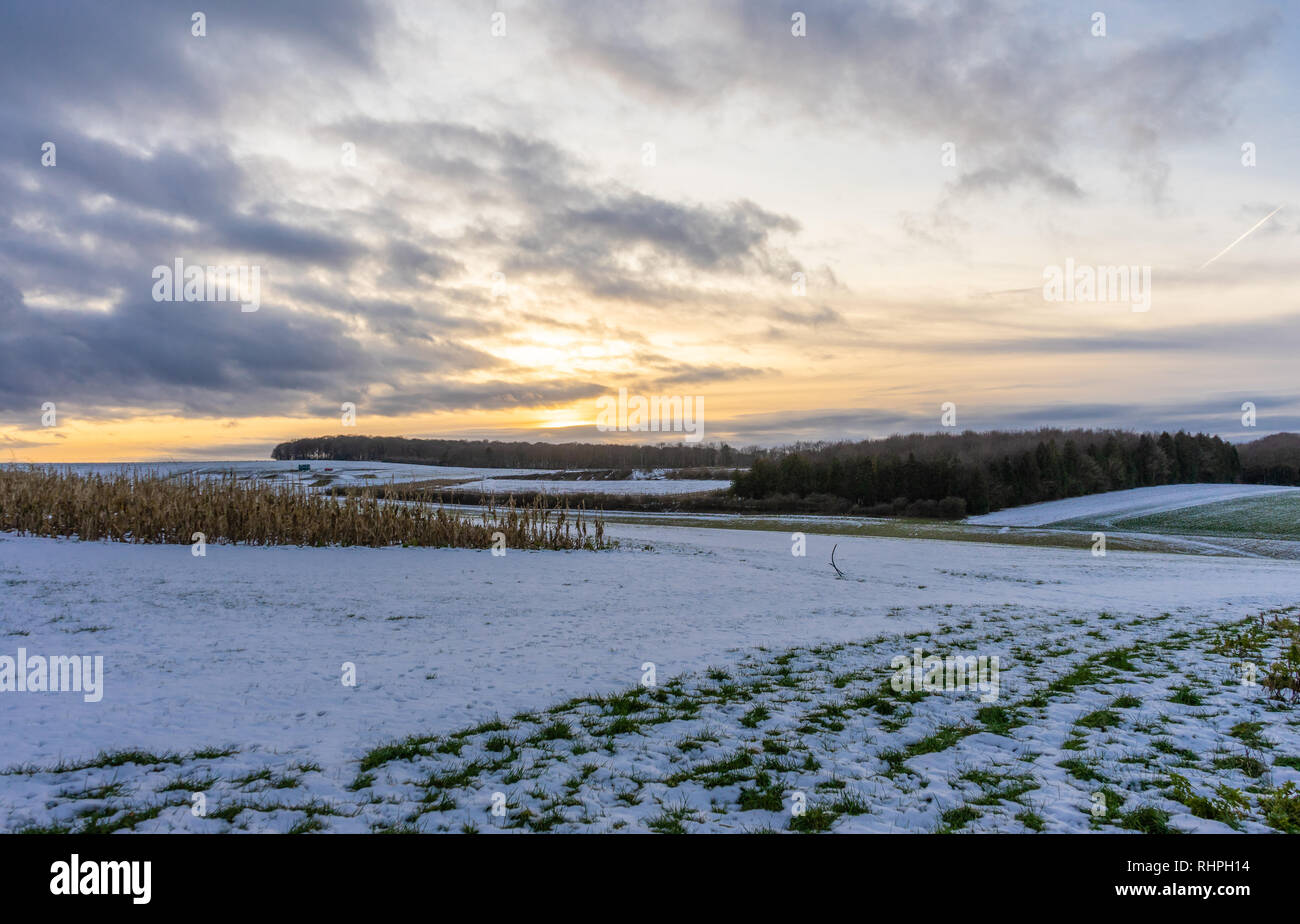 View towards Cheesefoot Head on the South Downs Way during sunset in ...