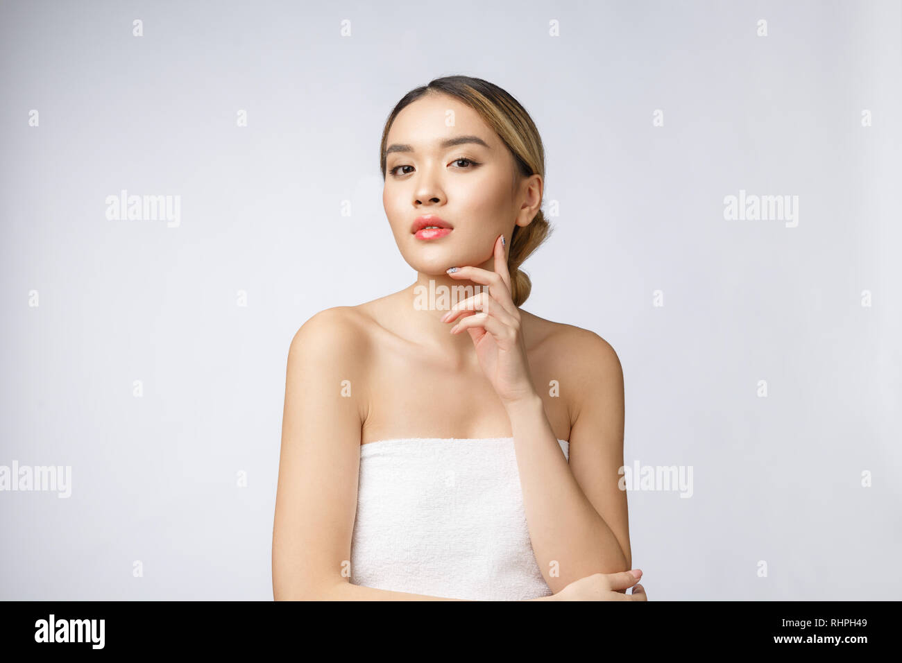 Portrait of beautiful asian woman makeup of cosmetic, girl hand touch ...