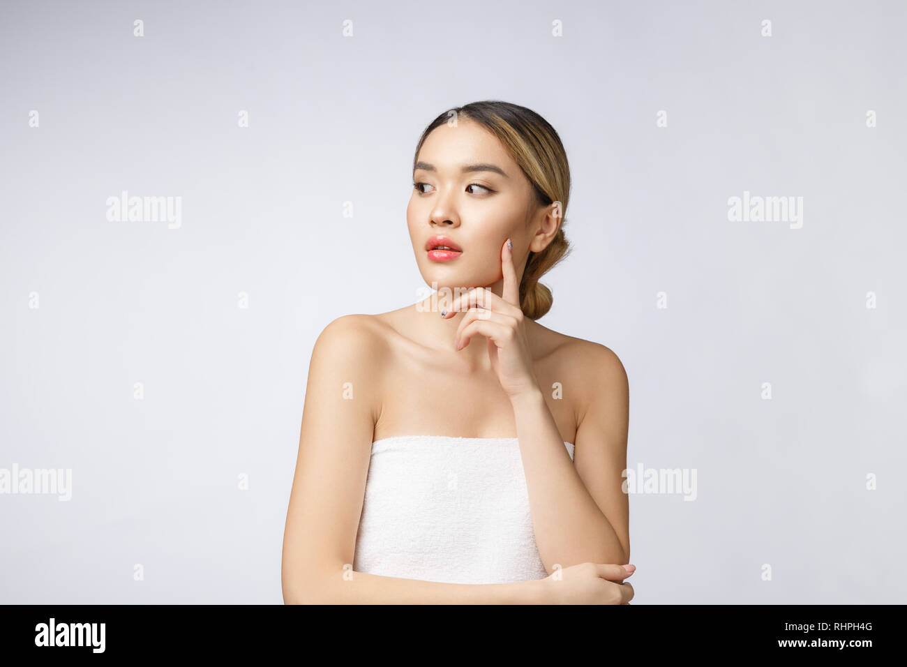 Portrait of beautiful asian woman makeup of cosmetic, girl hand touch ...