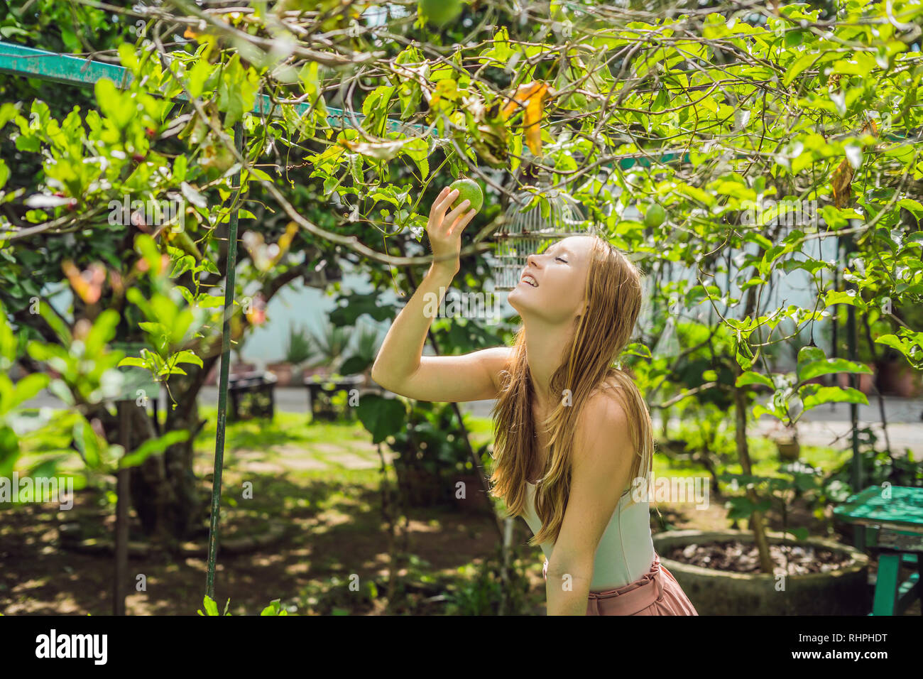 Young woman smelling the passion fruit in the garden Stock Photo - Alamy