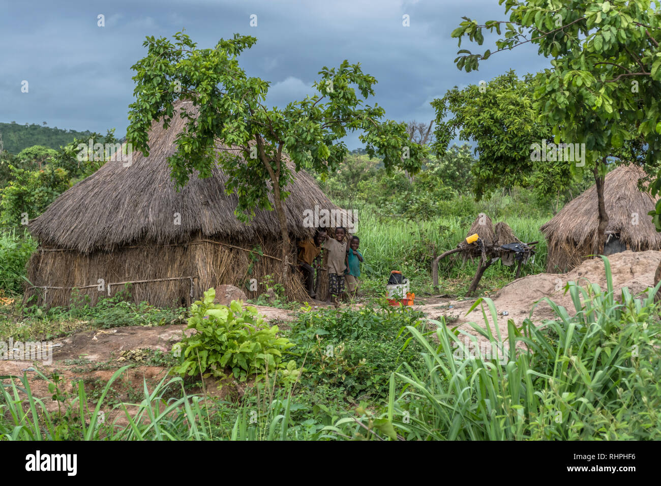 Malange / Angola - 12 08 2018: View of traditional village, children ...