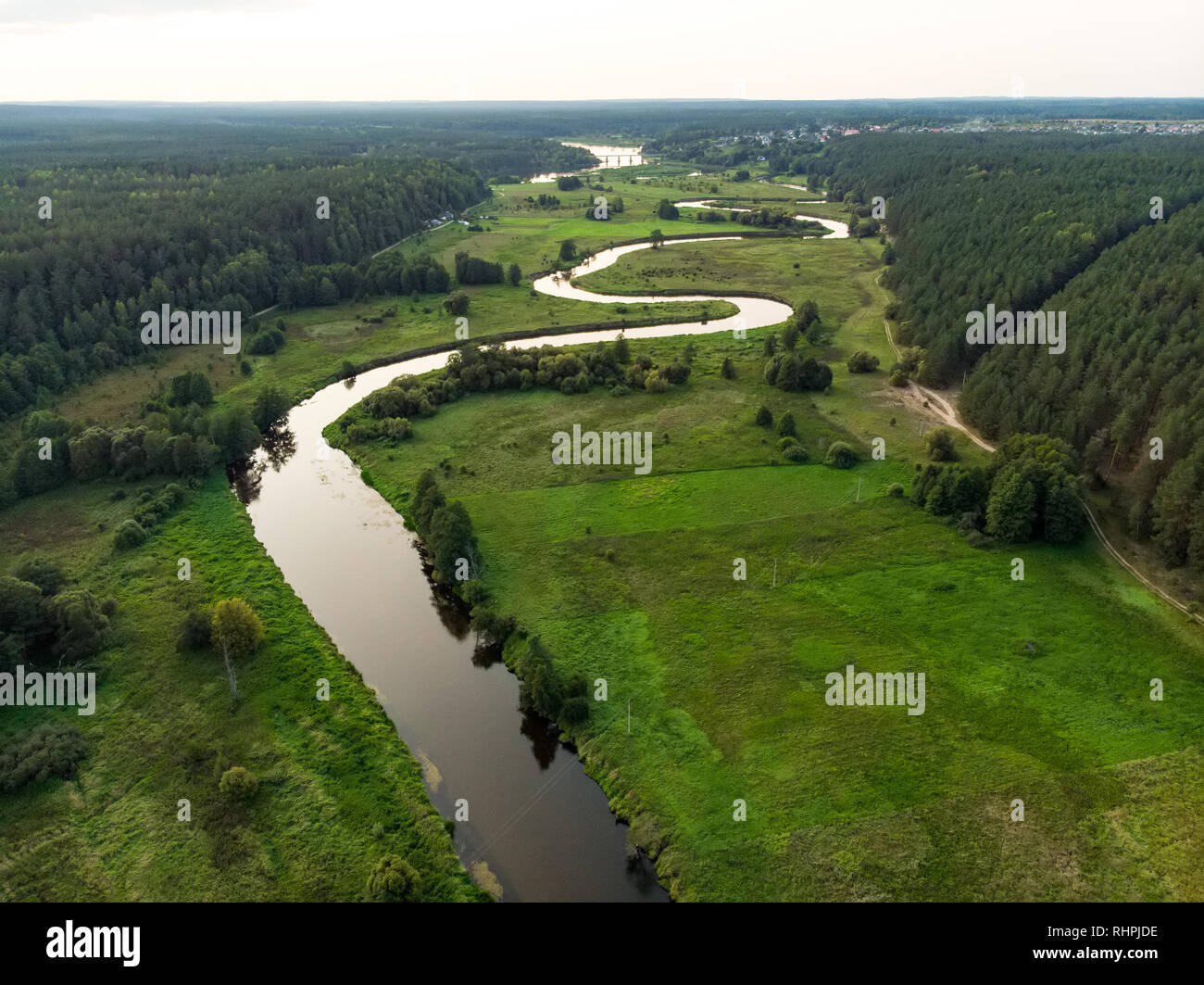 Aerial view over Merkys river valley, near Merkine town, Lithuania ...
