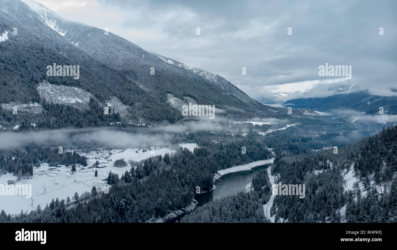 Aerial of snowy cold valley Stock Photo - Alamy