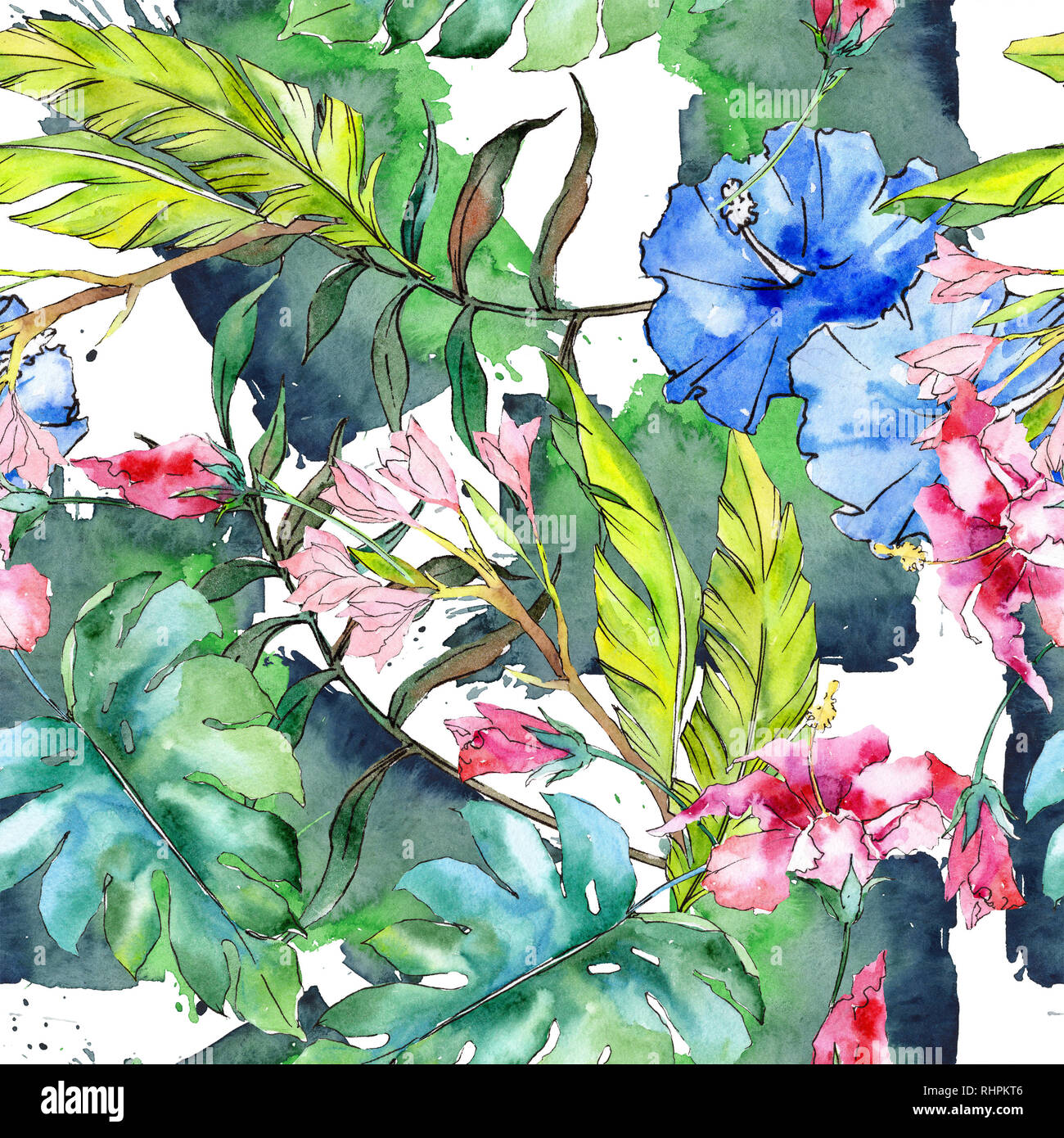 Blue and pink exotic tropical hawaiian floral flower. Watercolor ...