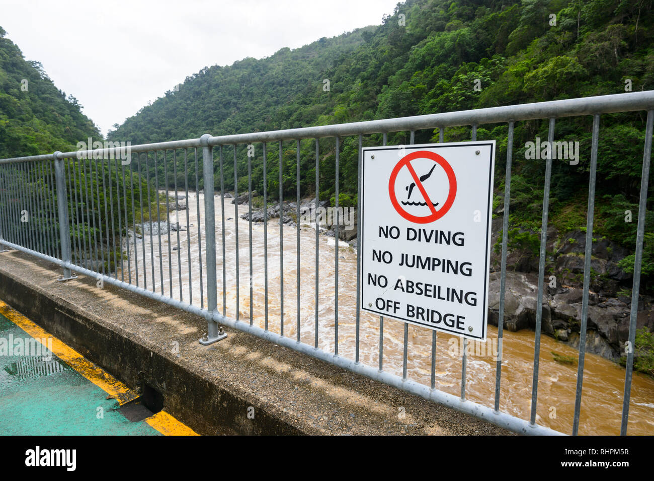 Sign on the bridge over the Barron River, Barron Gorge, Cairns, Far ...