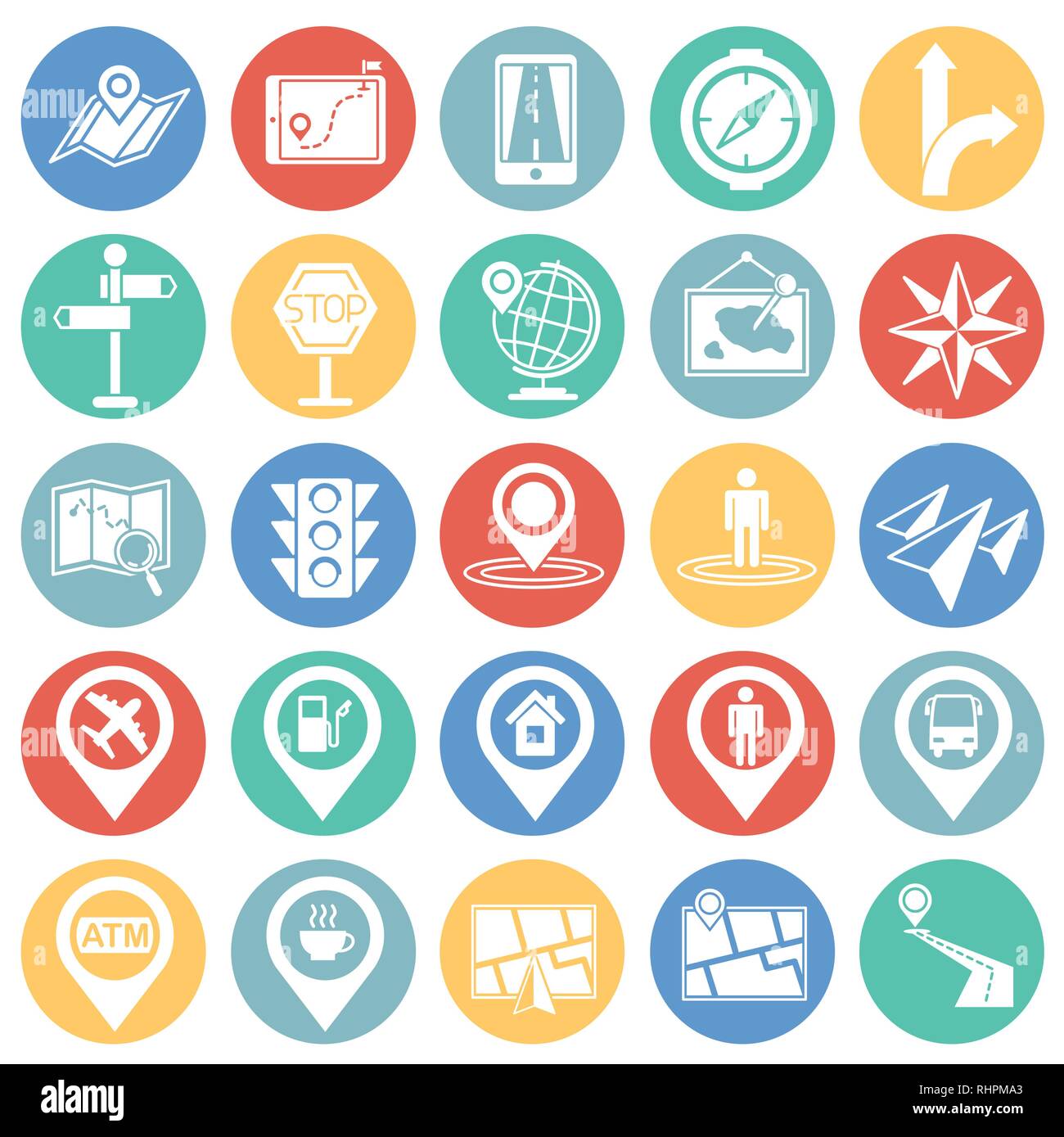 Navigation icon set on colro circles white background for graphic and ...