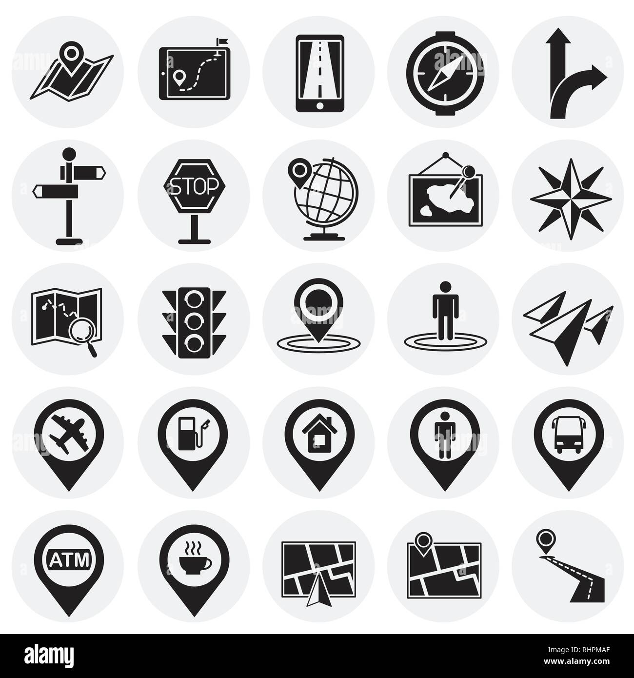 Navigation icon set on circles white background for graphic and web ...