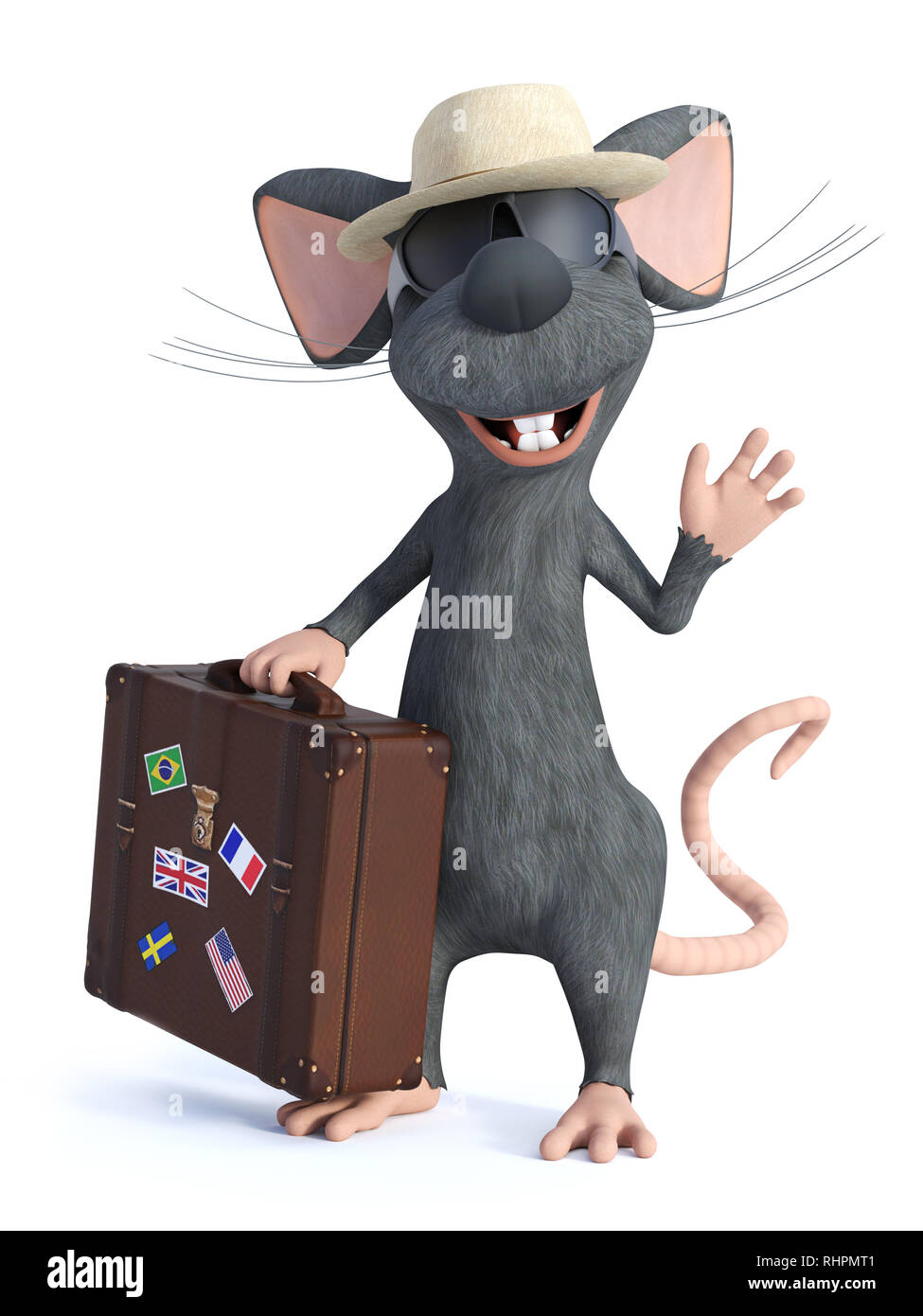 3D rendering of a cute smiling cartoon mouse holding a travel suitcase ...