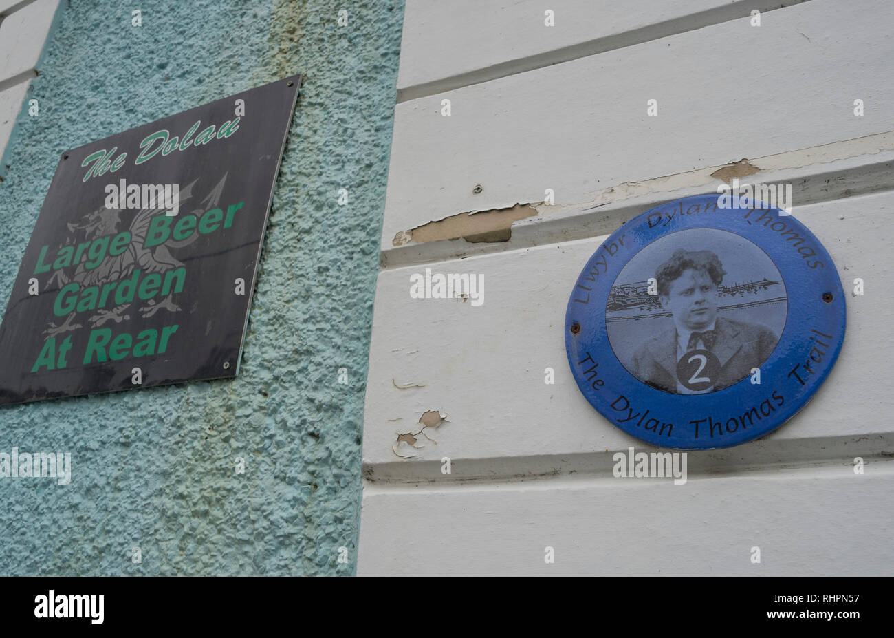 Plaque marking the late Welsh poet Dylan Thomas trail in the coastal ...