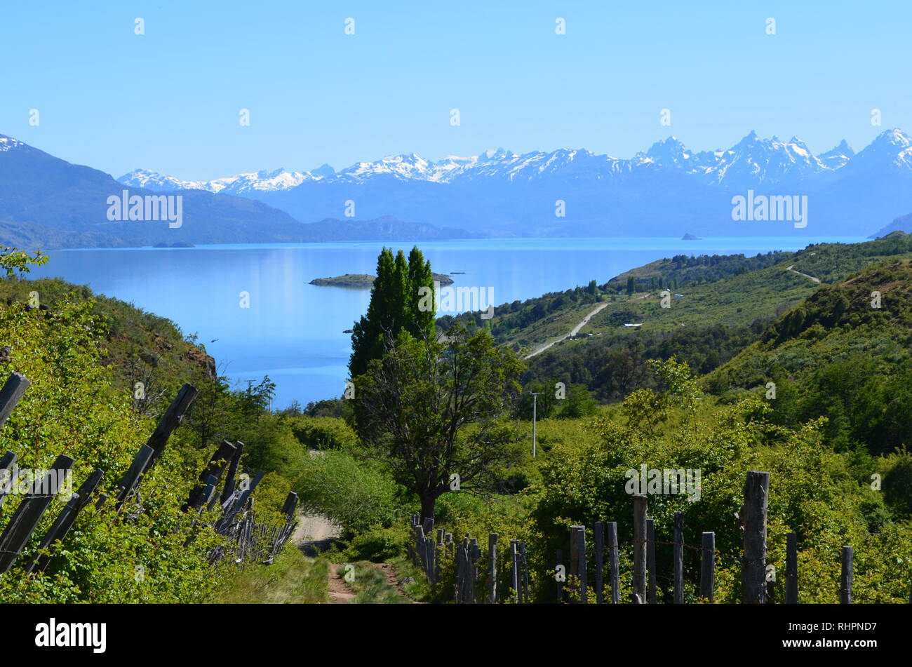 Countryside walking path in Puerto Guadal, a tiny village by the shore ...