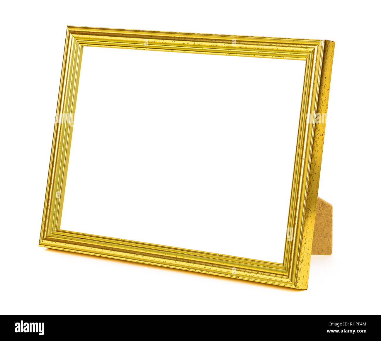 Standing golden picture frame isolated on white background with ...