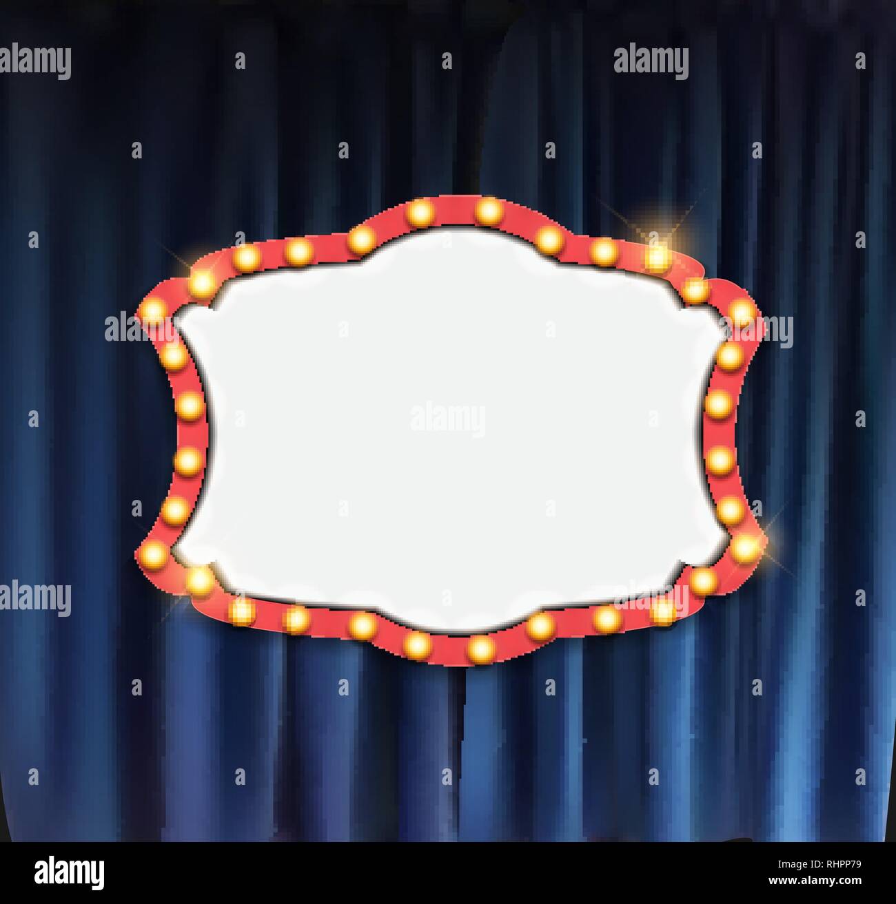 Realistic retro cinema announcement board with bulb frame on curtains ...