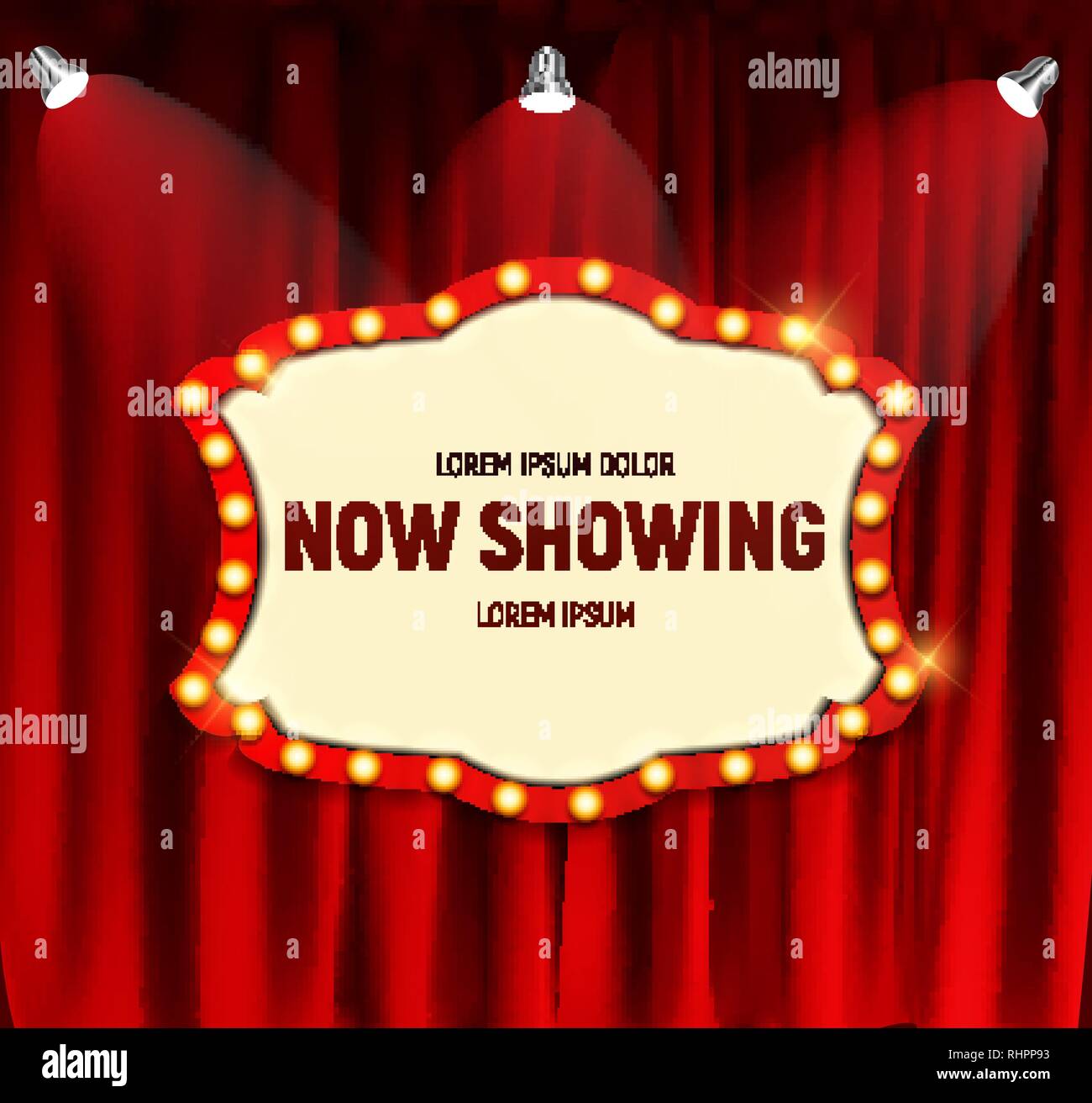 Realistic retro cinema Now Showing announcement board with bulb frame ...