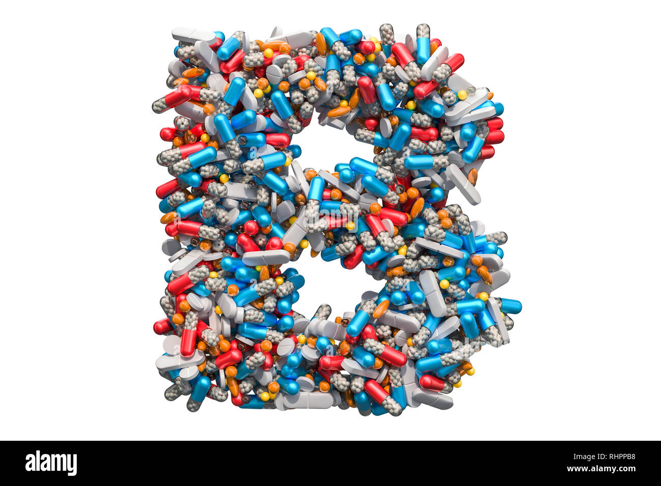 Letter B from medicine pills, capsules, tablets. 3D rendering isolated ...
