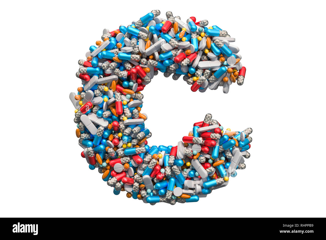 Letter C from medicine pills, capsules, tablets. 3D rendering isolated ...