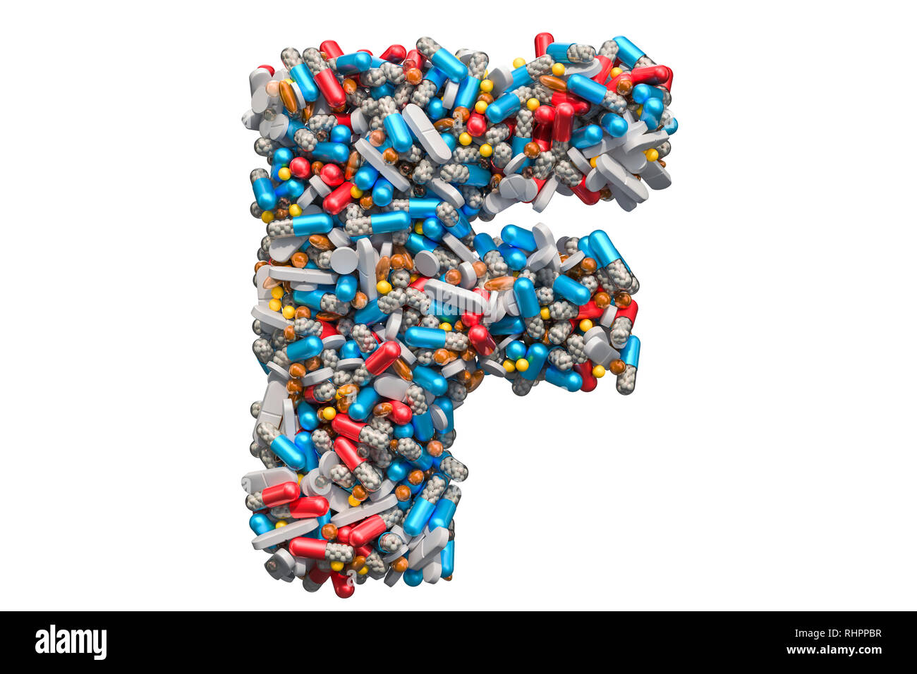 Letter F from medicine pills, capsules, tablets. 3D rendering isolated ...