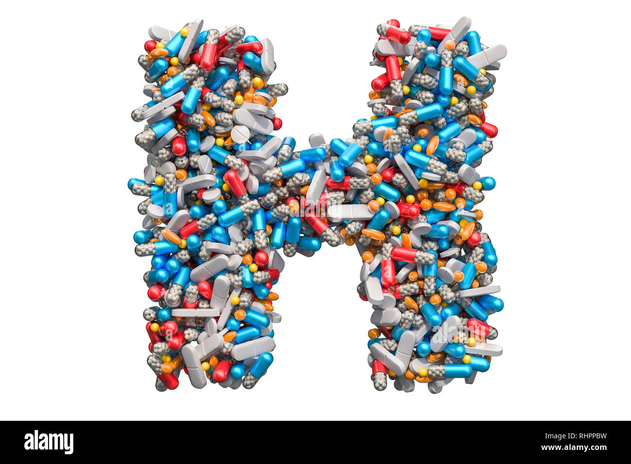 Letter H from medicine pills, capsules, tablets. 3D rendering isolated ...