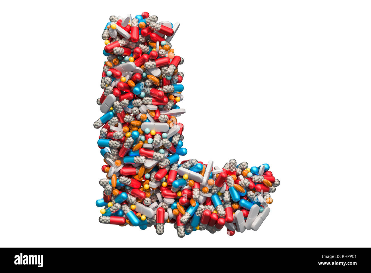 Letter L from medicine pills, capsules, tablets. 3D rendering isolated ...