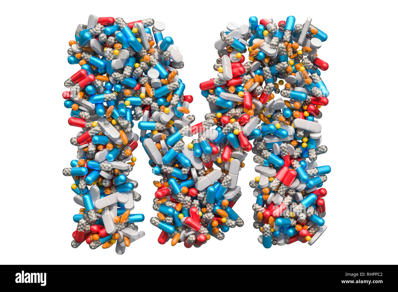 Letter M from medicine pills, capsules, tablets. 3D rendering isolated ...