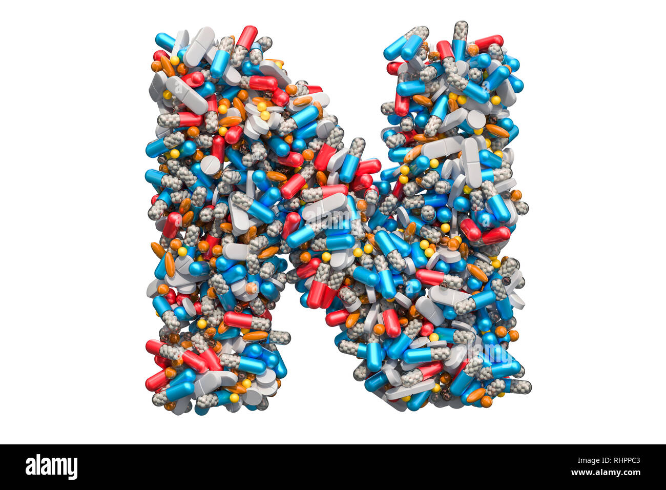 Letter N from medicine pills, capsules, tablets. 3D rendering isolated ...