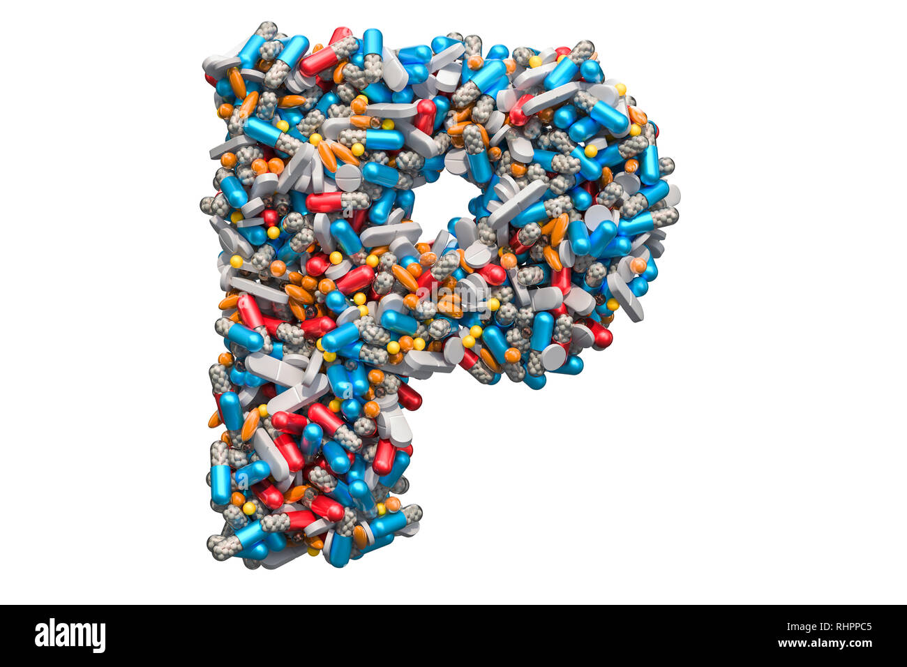 Letter P from medicine pills, capsules, tablets. 3D rendering isolated ...