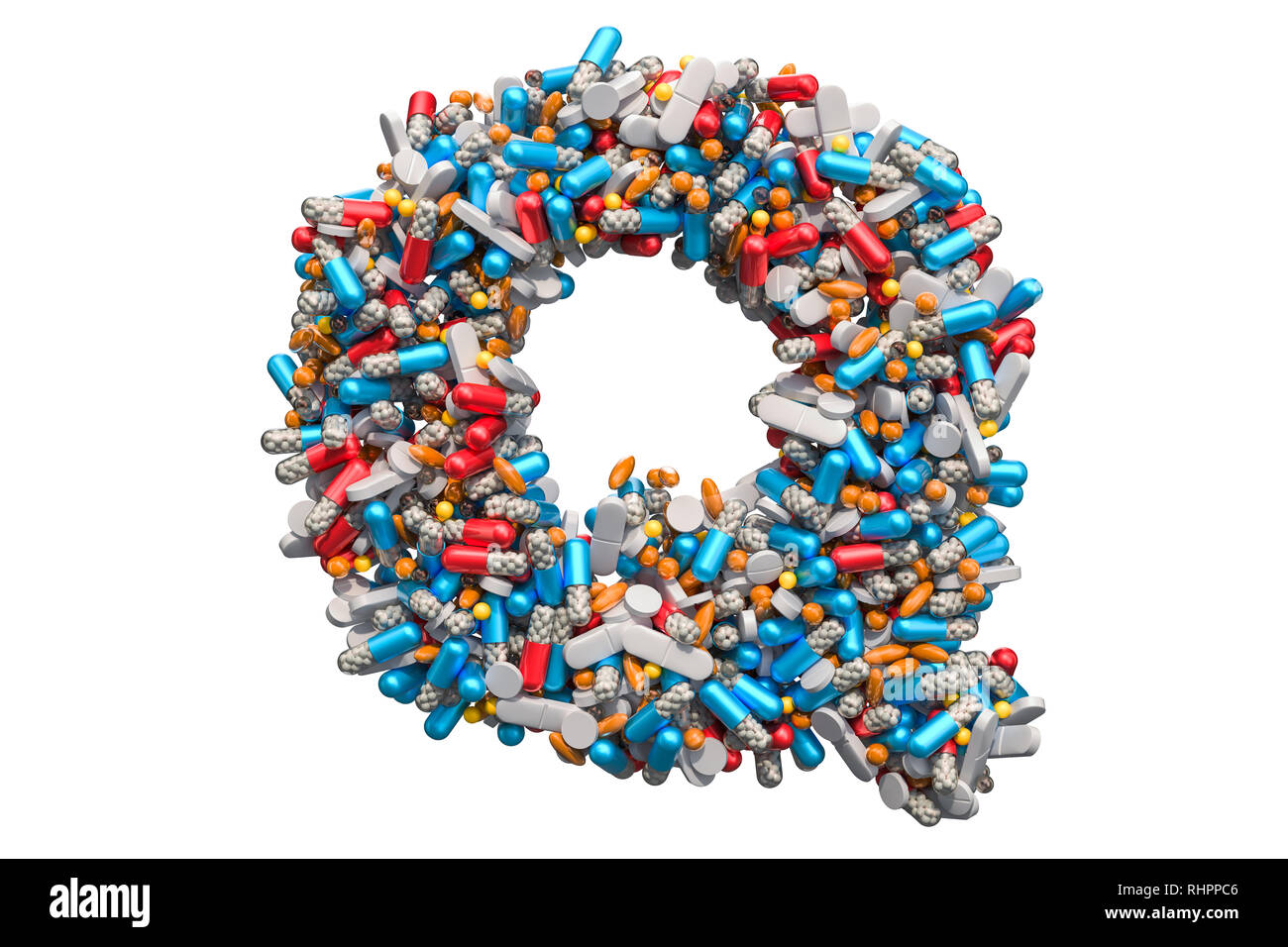 Letter Q from medicine pills, capsules, tablets. 3D rendering isolated ...