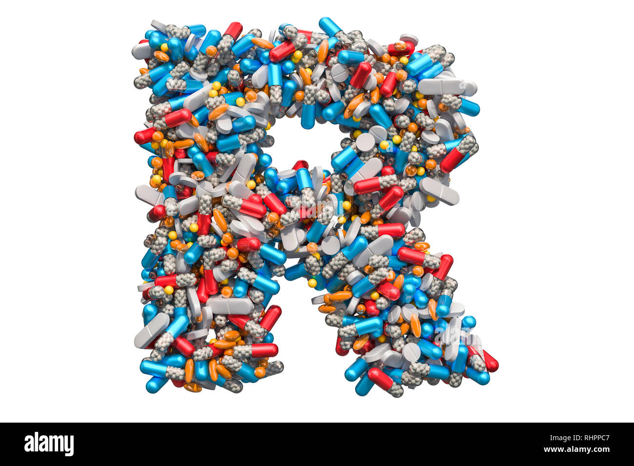 Letter R from medicine pills, capsules, tablets. 3D rendering isolated ...