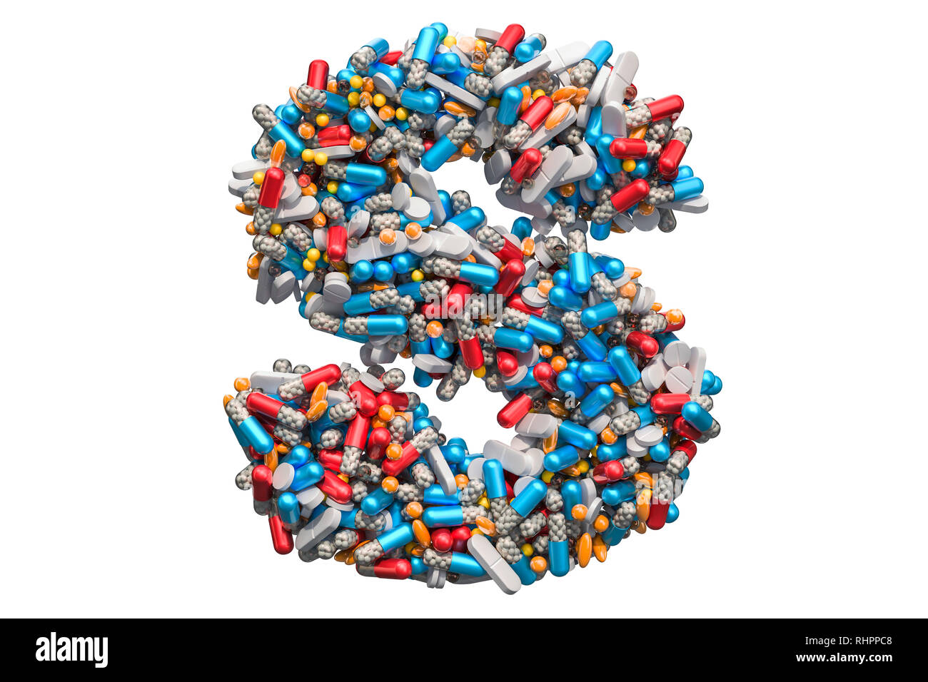 Letter S from medicine pills, capsules, tablets. 3D rendering isolated ...