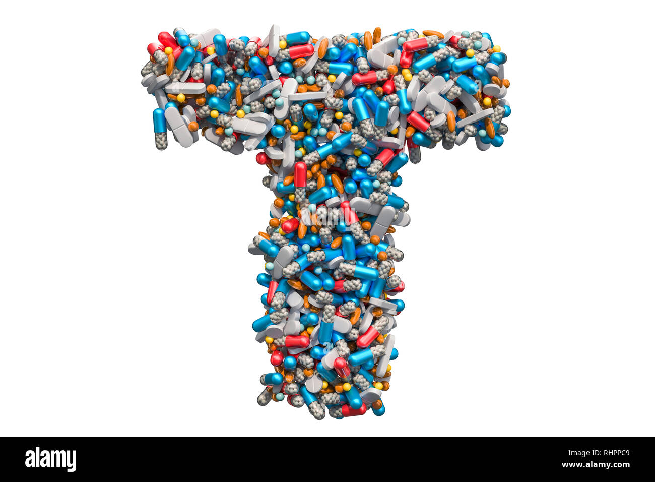 Letter T from medicine pills, capsules, tablets. 3D rendering isolated ...