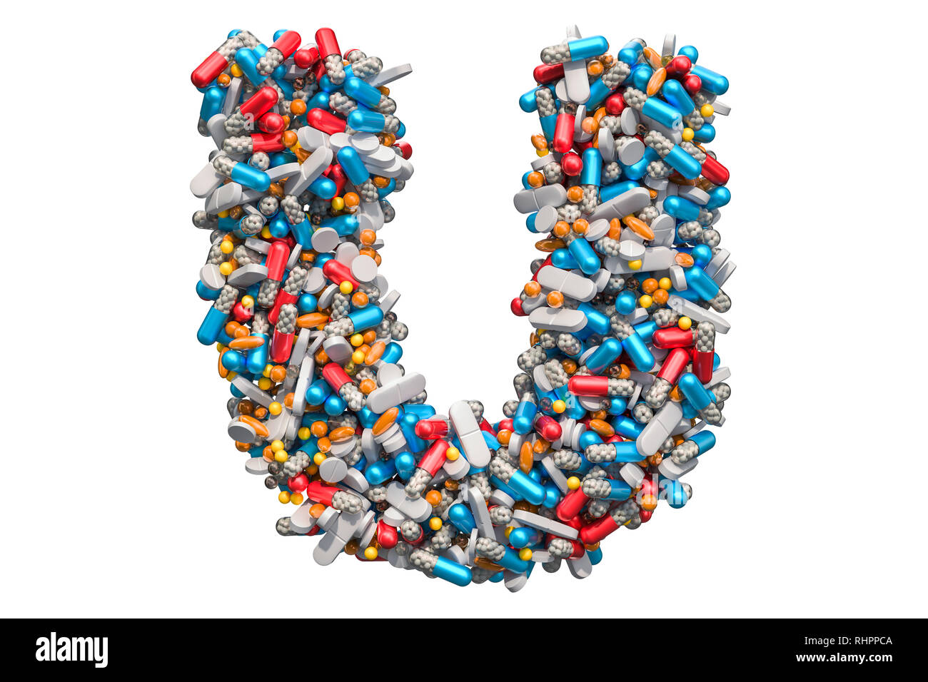 Letter U from medicine pills, capsules, tablets. 3D rendering isolated ...