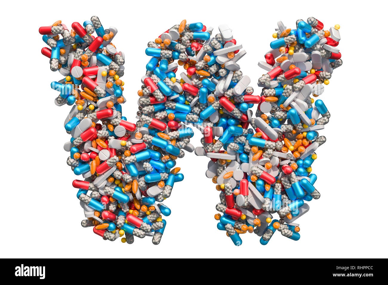 Letter W from medicine pills, capsules, tablets. 3D rendering isolated ...