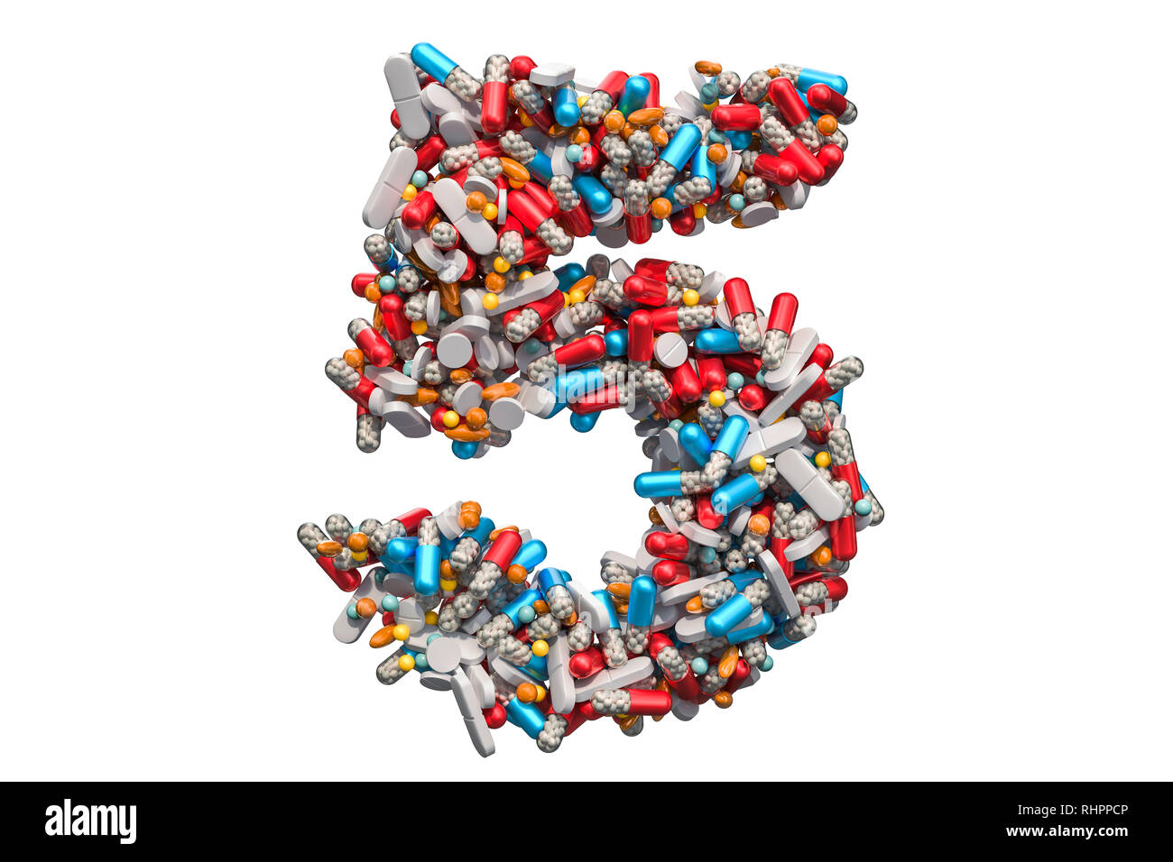Number 5 from medicine pills, capsules, tablets. 3D rendering isolated ...