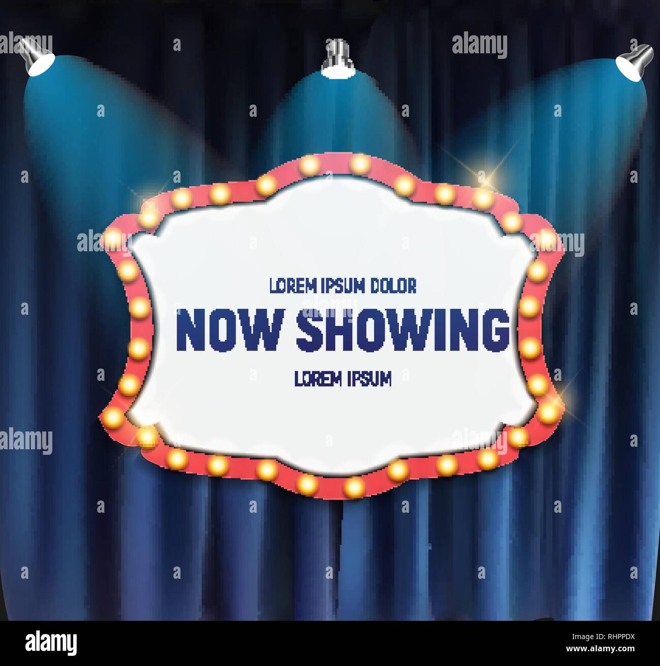 Realistic retro cinema Now Showing announcement board with bulb frame ...