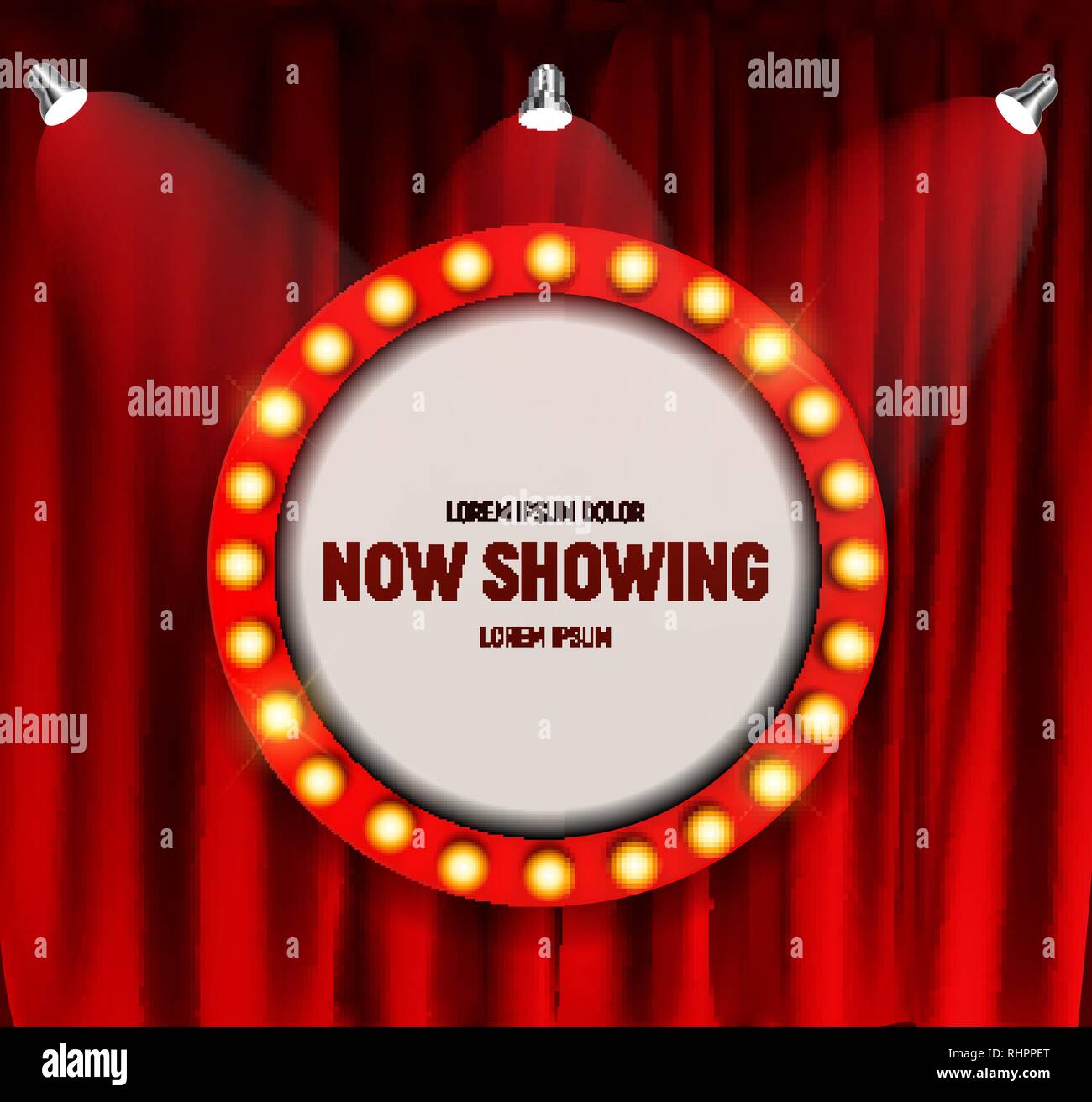 Realistic retro cinema Now Showing announcement board with bulb frame ...