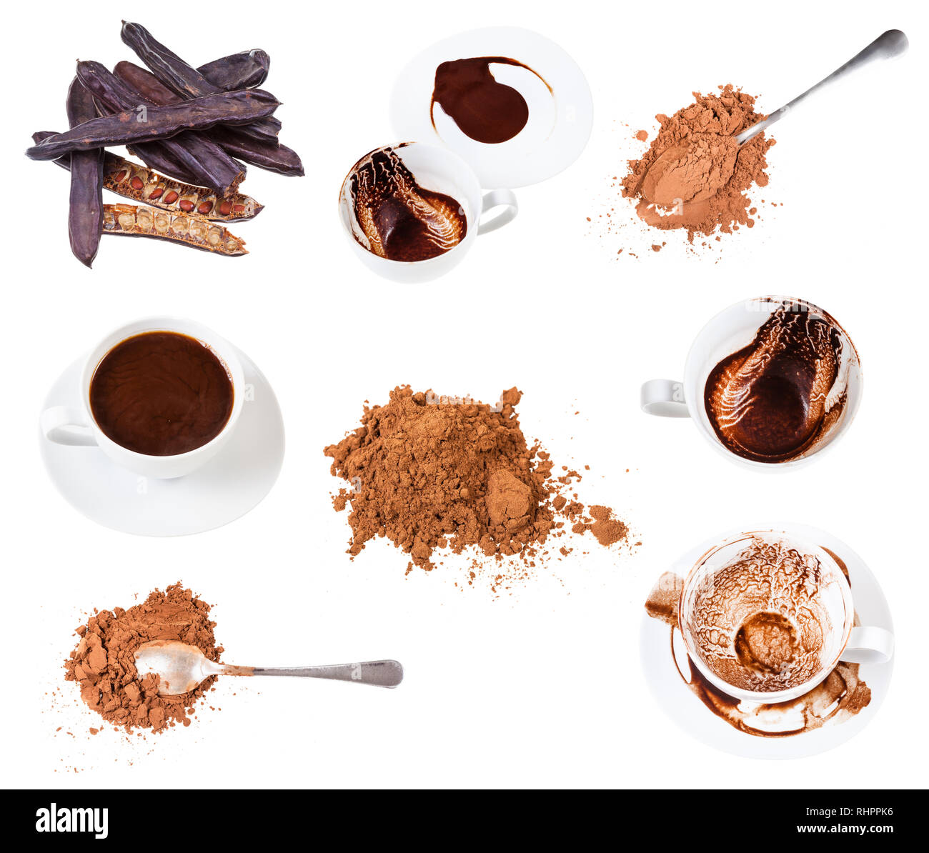 collage from carob pods, ground powder, drinks and sediments in cups ...
