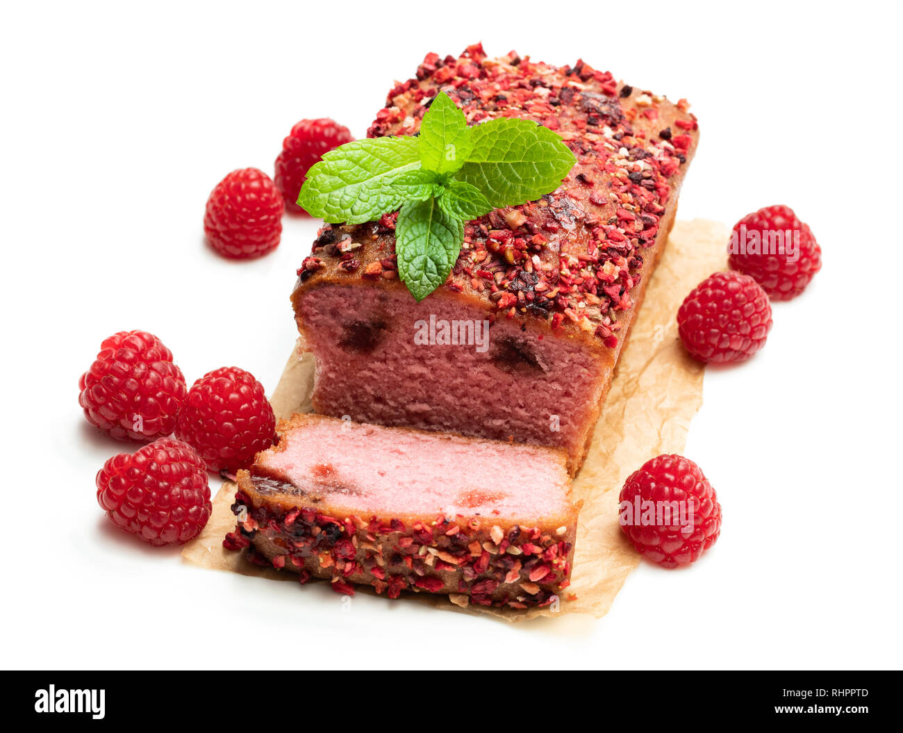 Pink raspberry loaf cake isolated on white Stock Photo - Alamy