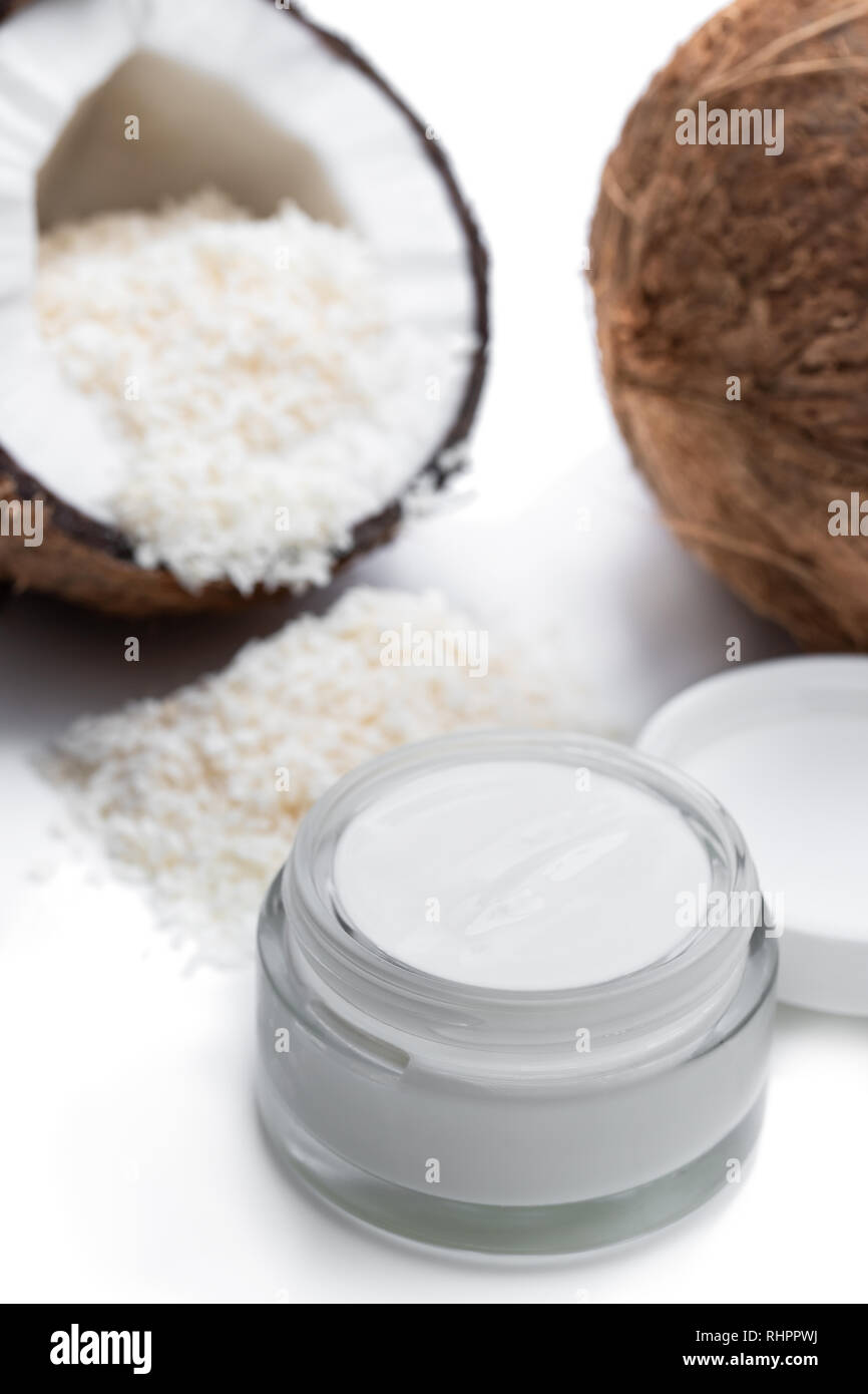 Homemade organic cosmetics with coconut on white background Stock Photo ...