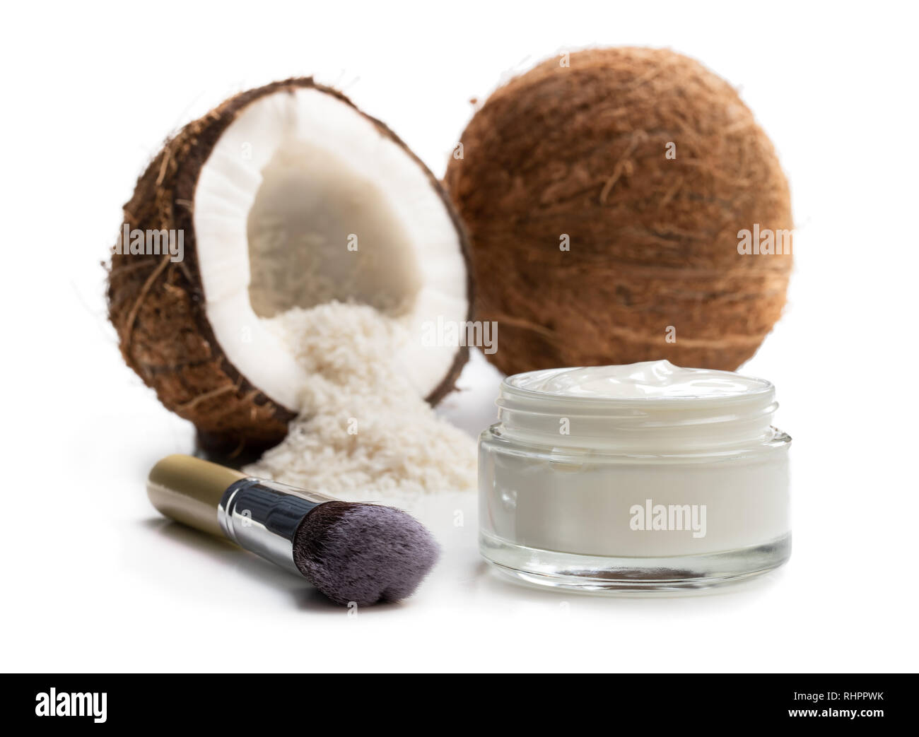 Homemade organic cosmetics with coconut on white background Stock Photo ...