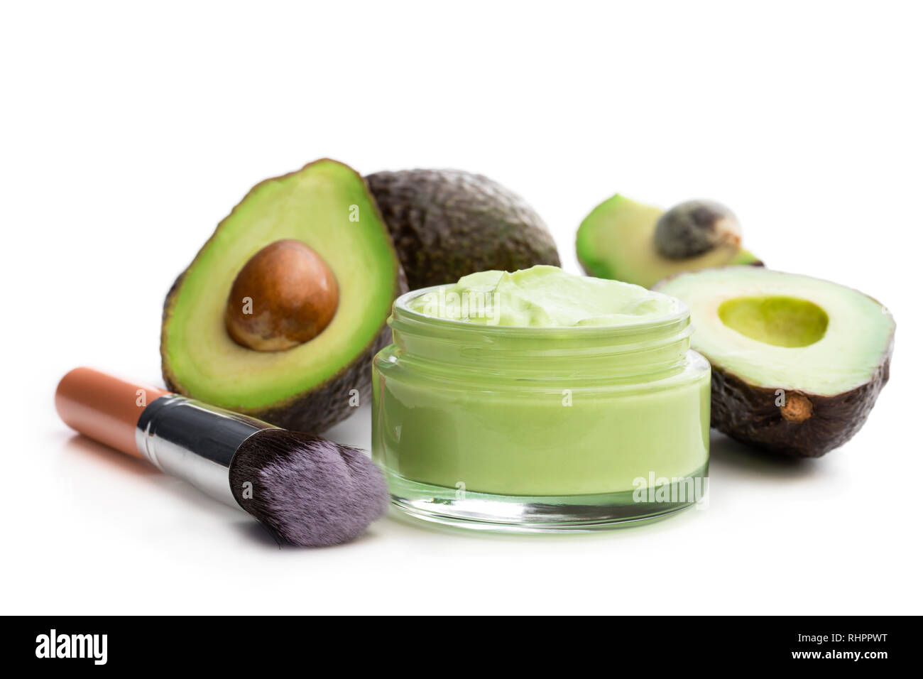 Homemade organic cosmetics with avocado on white background Stock Photo ...