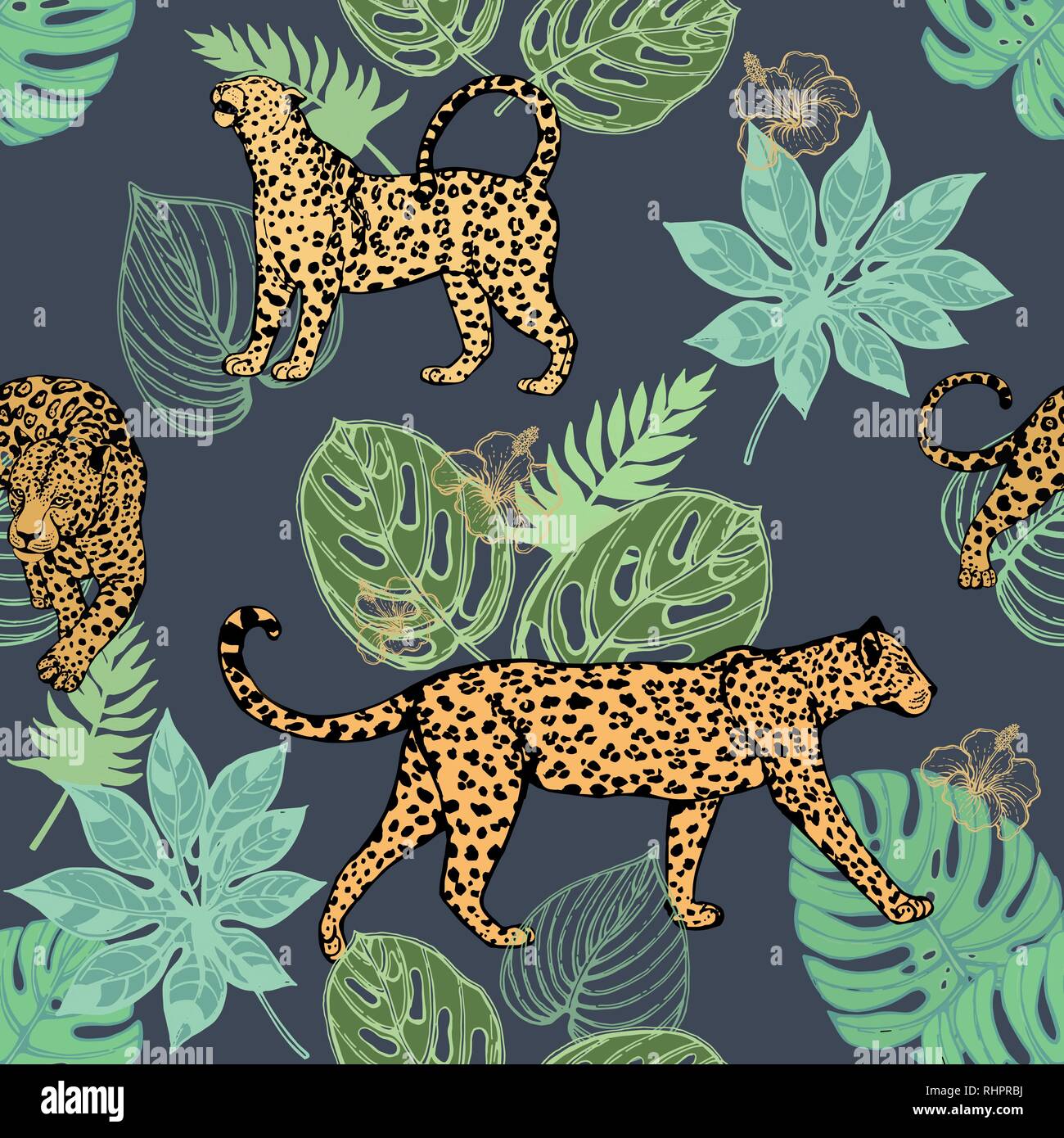 Colorful seamless pattern of hand drawn sketch style leopards with ...