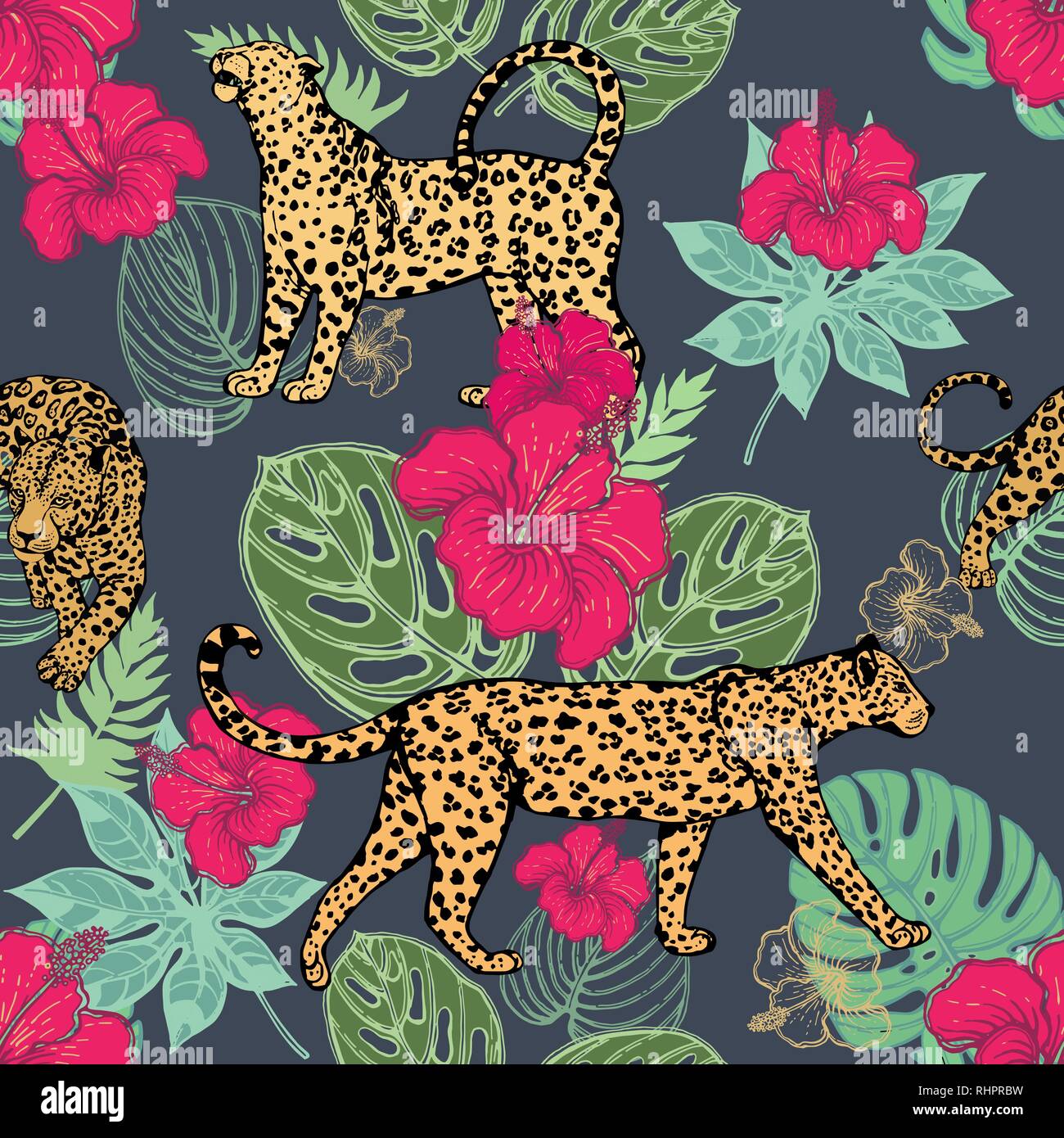 Colorful seamless pattern of hand drawn sketch style leopards with ...