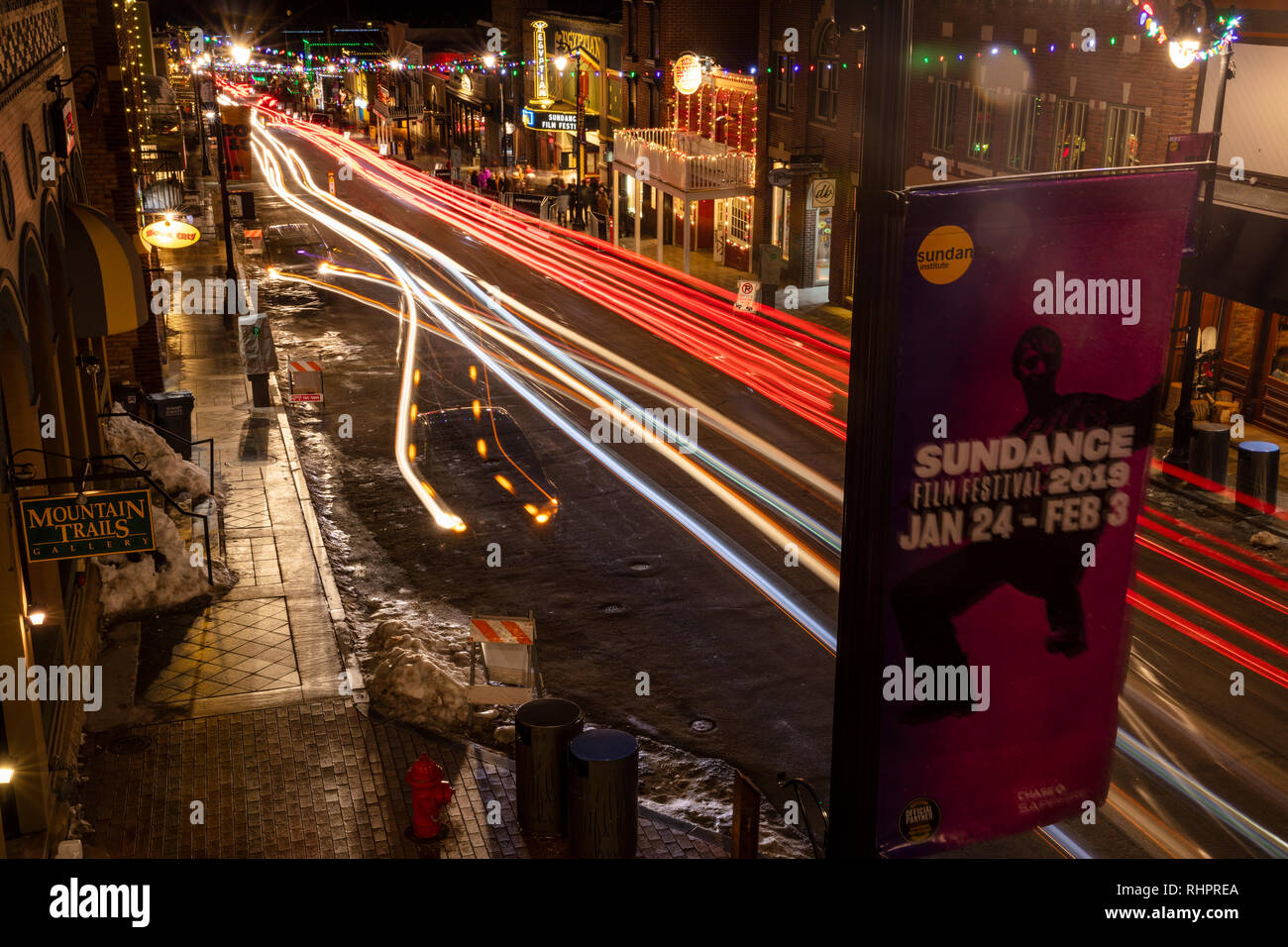 Main Street at night during the 2019 Sundance Film Festival, Park City ...